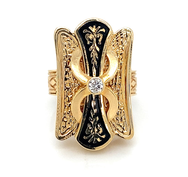 14K Yellow Gold Vintage Engraved & Black Enamel Ring - Henry's Fine Jewelry